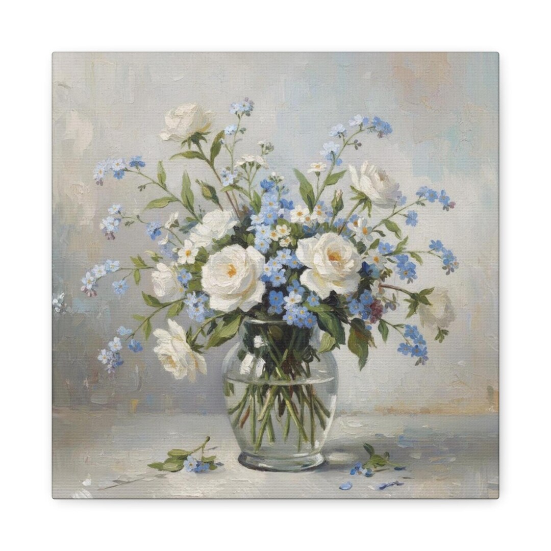 White Roses and Blue Forget-me-nots Matte Canvas - Etsy