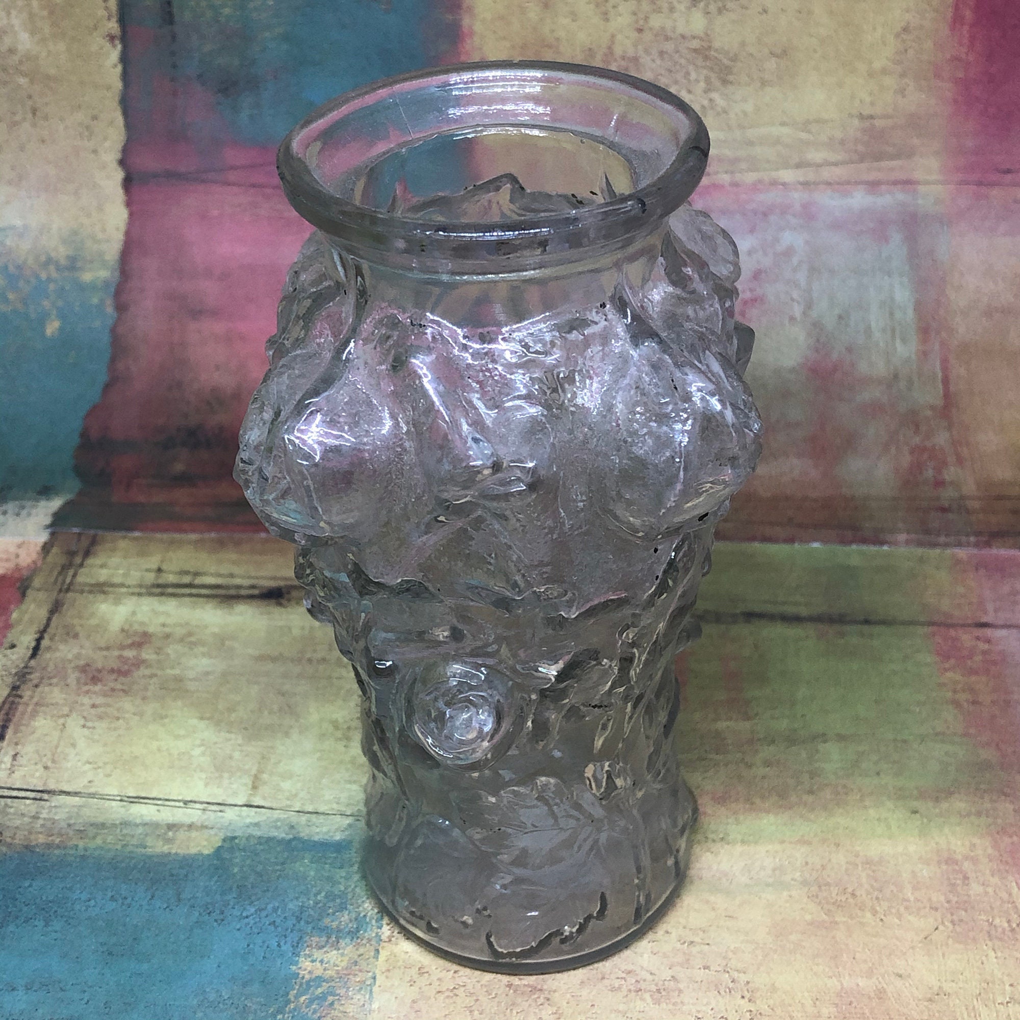 Goofus Clear Glass Vase with Clusters of Roses Raised Flowers | Etsy