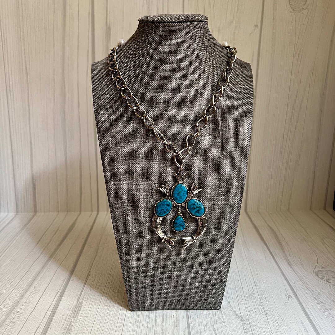 Vintage Southwest Squash Blossom Turquoise and Silver on Chain Costume ...