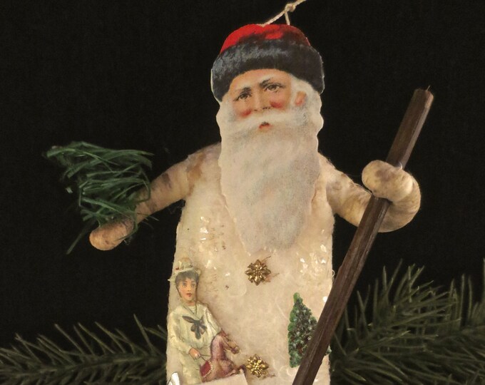 Reproduction German Style Spun Cotton Santa Ornament With Feather Tree ...