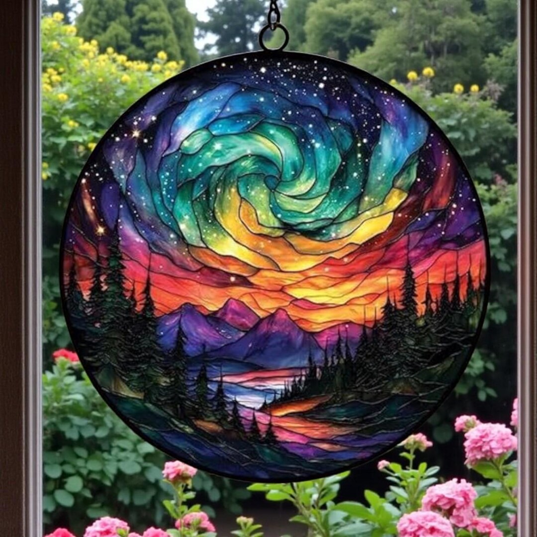Celestial Mountain Suncatcher, Galaxy Stained Glass Effect, Northern ...