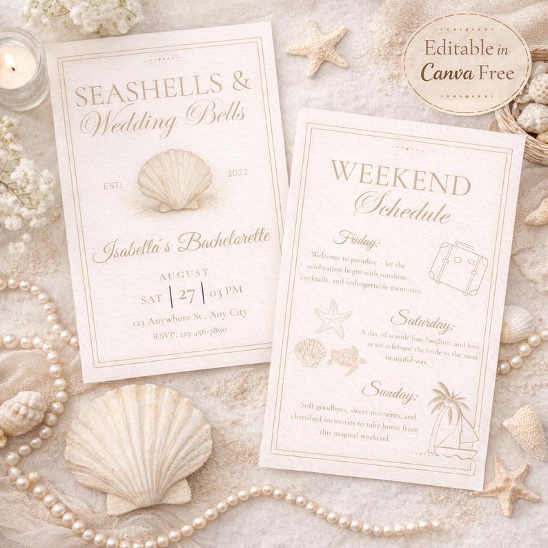 Seashell & Wedding Bellsnbachelorette Invitation, Coastal Bridal Party ...