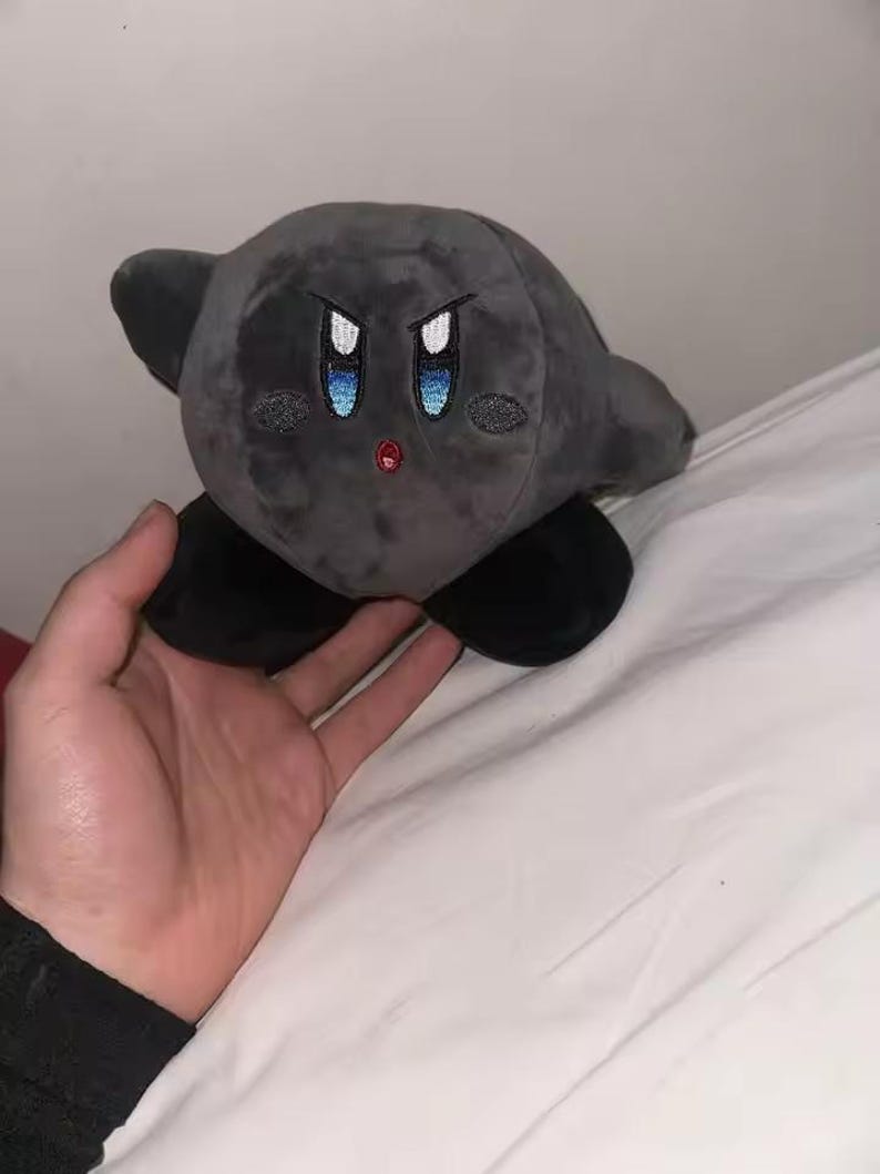 Dark Kirby Plush Toy, Angry Grey Kawaii Gamer Collectible, Soft Cuddly ...