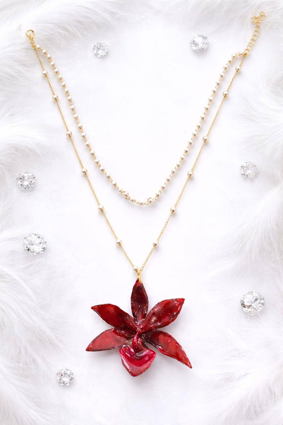 Red Orchid Flower Necklace, Handmade Floral Pendant, Gold Layered Chain ...
