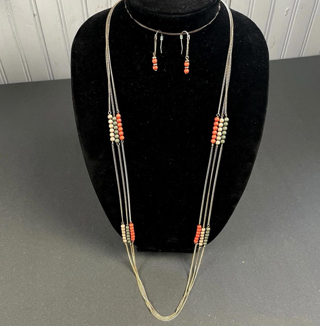 Station Necklace With Matching Earrings, Multi Chain & Bead, Silver ...