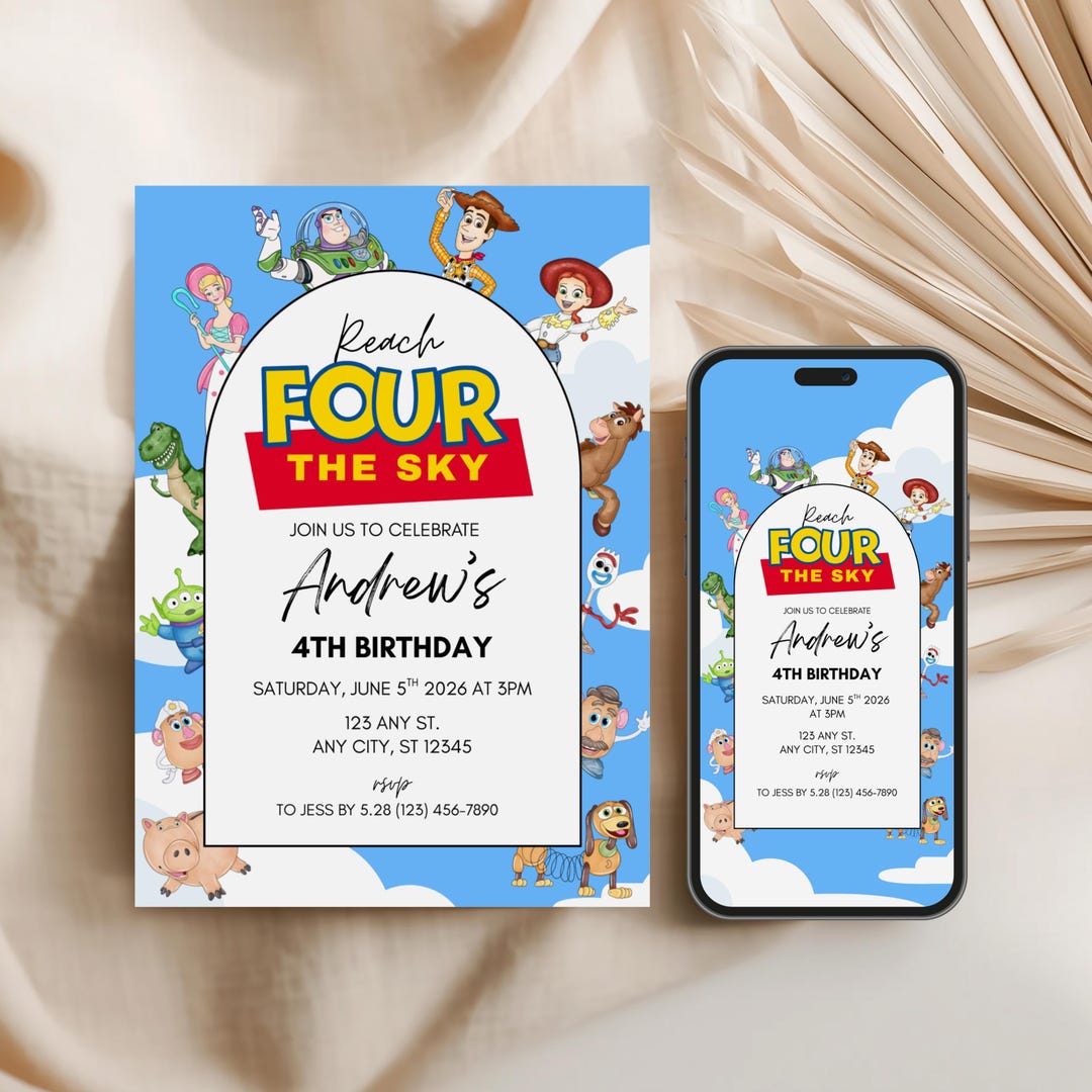 Reach Four the Sky Birthday Party Invite, Toy Story Invitation, Woody ...