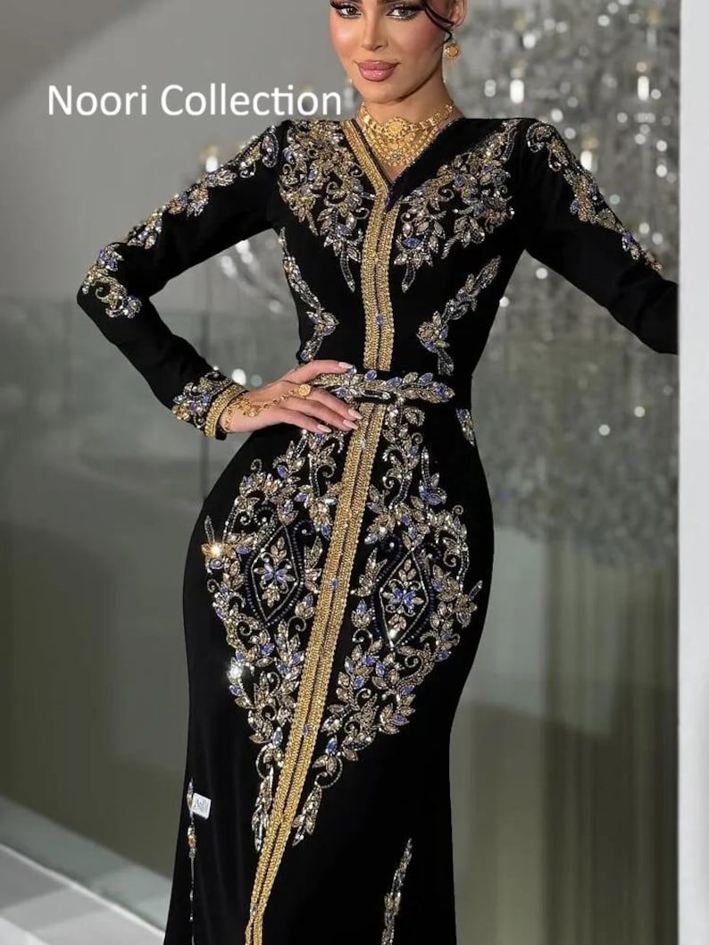 Black Moroccan Kaftan, Gold Hand Embroidery, Takchita Style Abaya ...