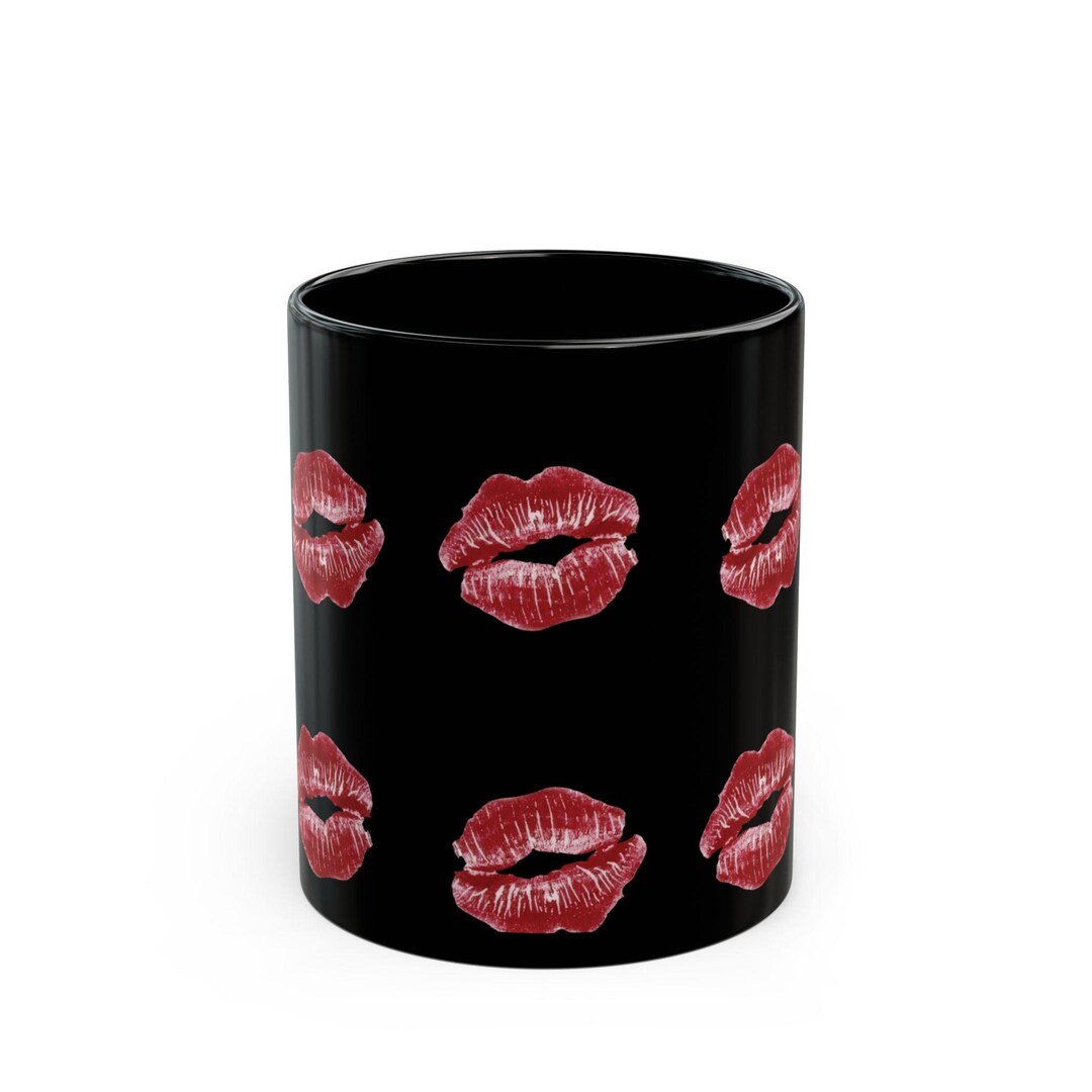 Red Lipstick Kiss Pattern Mug | Black Ceramic Coffee Cup - Etsy