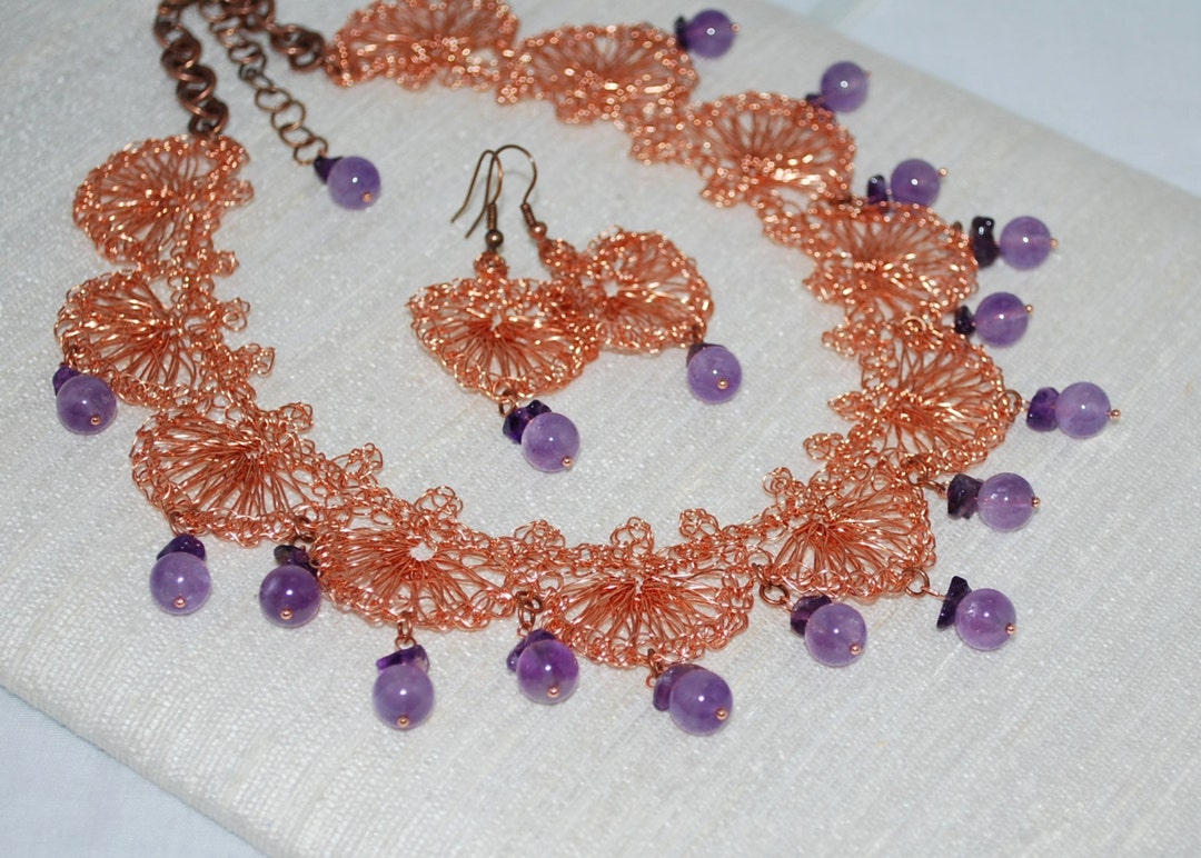 Crocheted Copper Wire Lace Necklace, Amethyst Beads, Handmade Jewelry ...