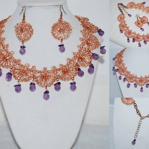 Crocheted Copper Wire Lace Necklace, Amethyst Beads, Handmade Jewelry ...