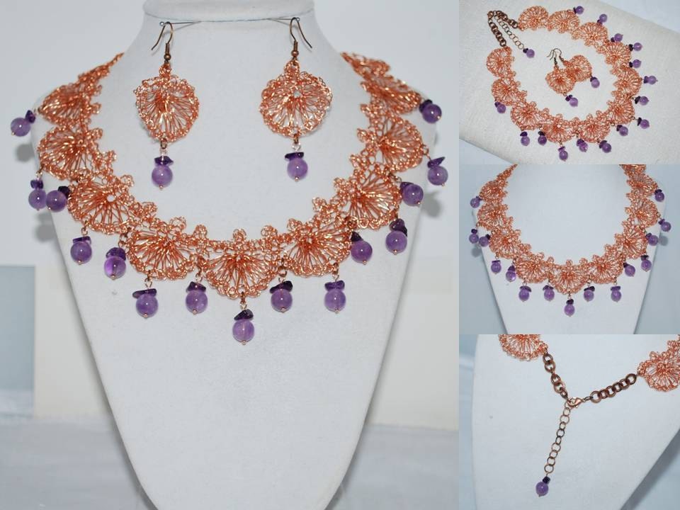 Crocheted Copper Wire Lace Necklace, Amethyst Beads, Handmade Jewelry ...