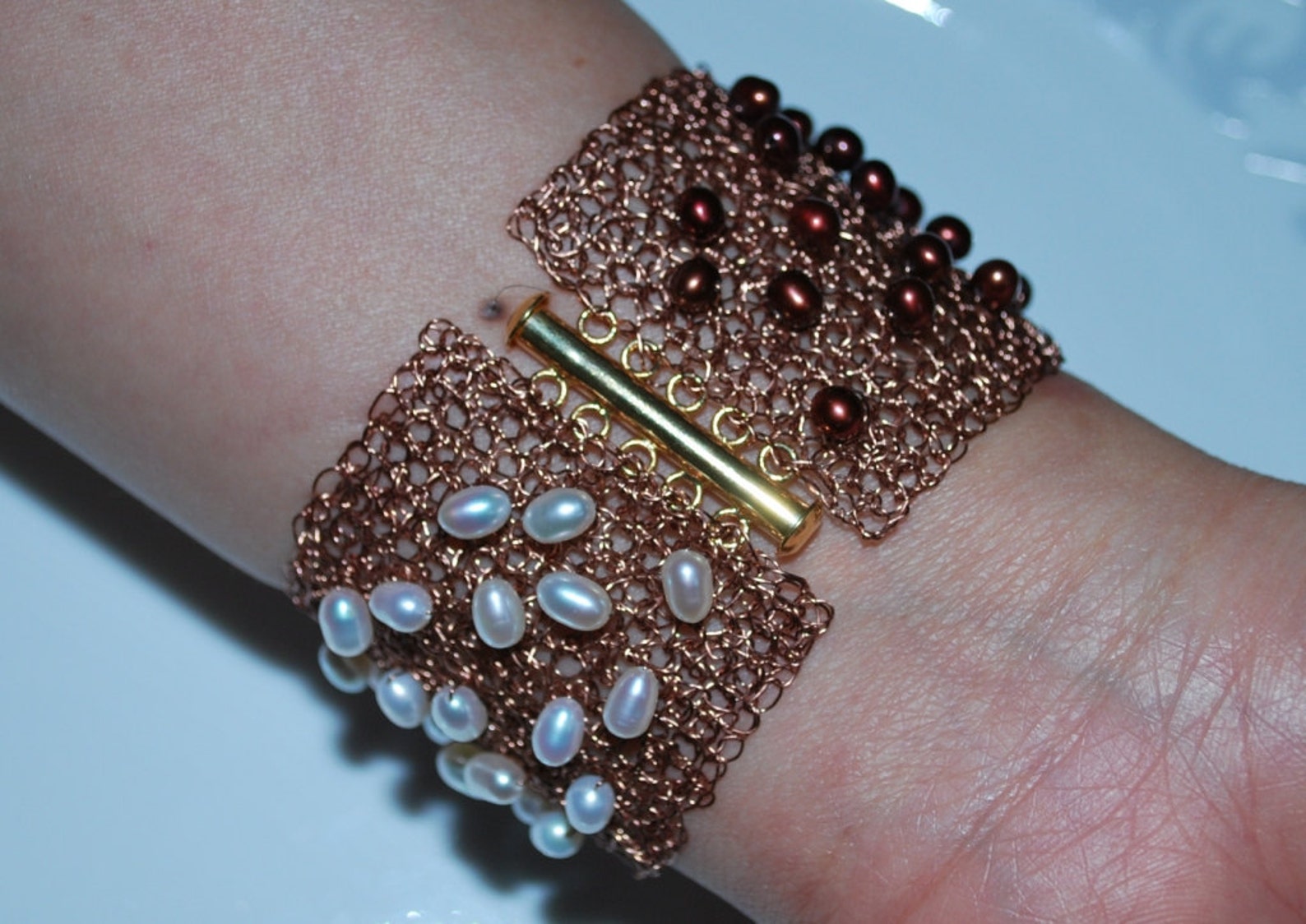 Crocheted Wire Beaded Cuff Bracelet, Crochet Wire Bracelet, Freshwater ...