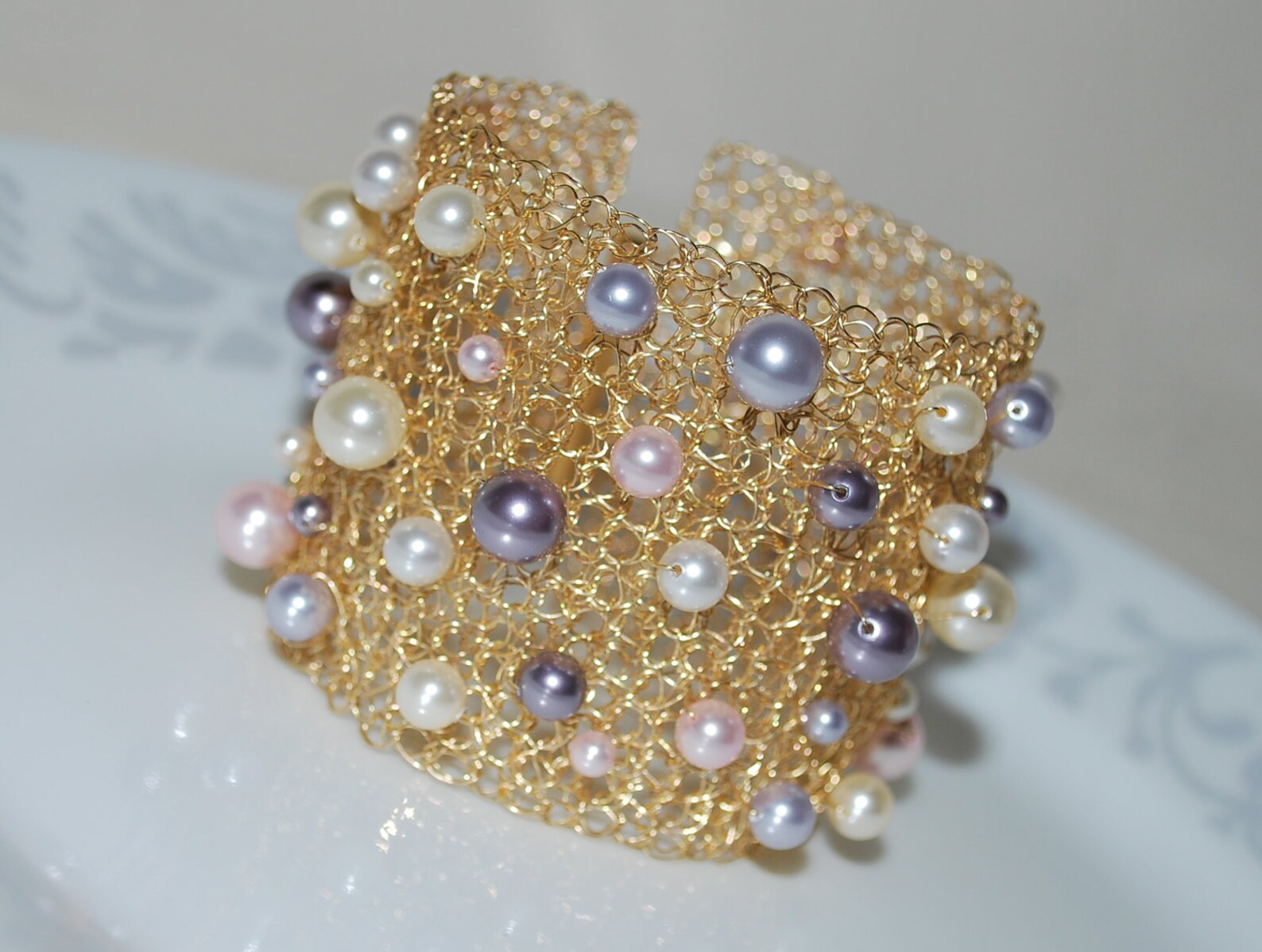 Multicolor Crystal Pearl Cuff Bracelet, Crochet Wire Bridal Bracelet ...