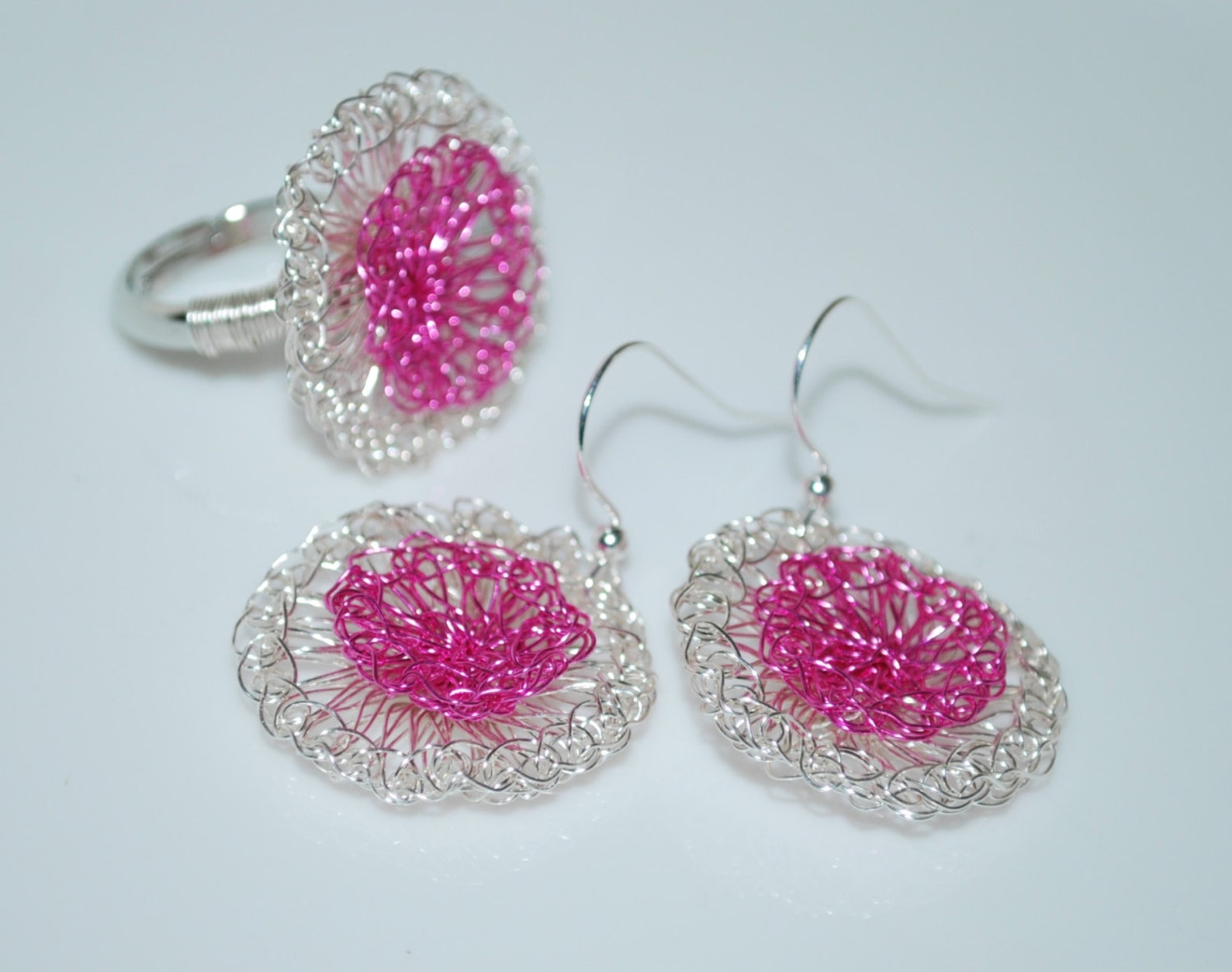Hand Crochet Wire Ring & Earrings, Crochet Wire Flower Earrings ...