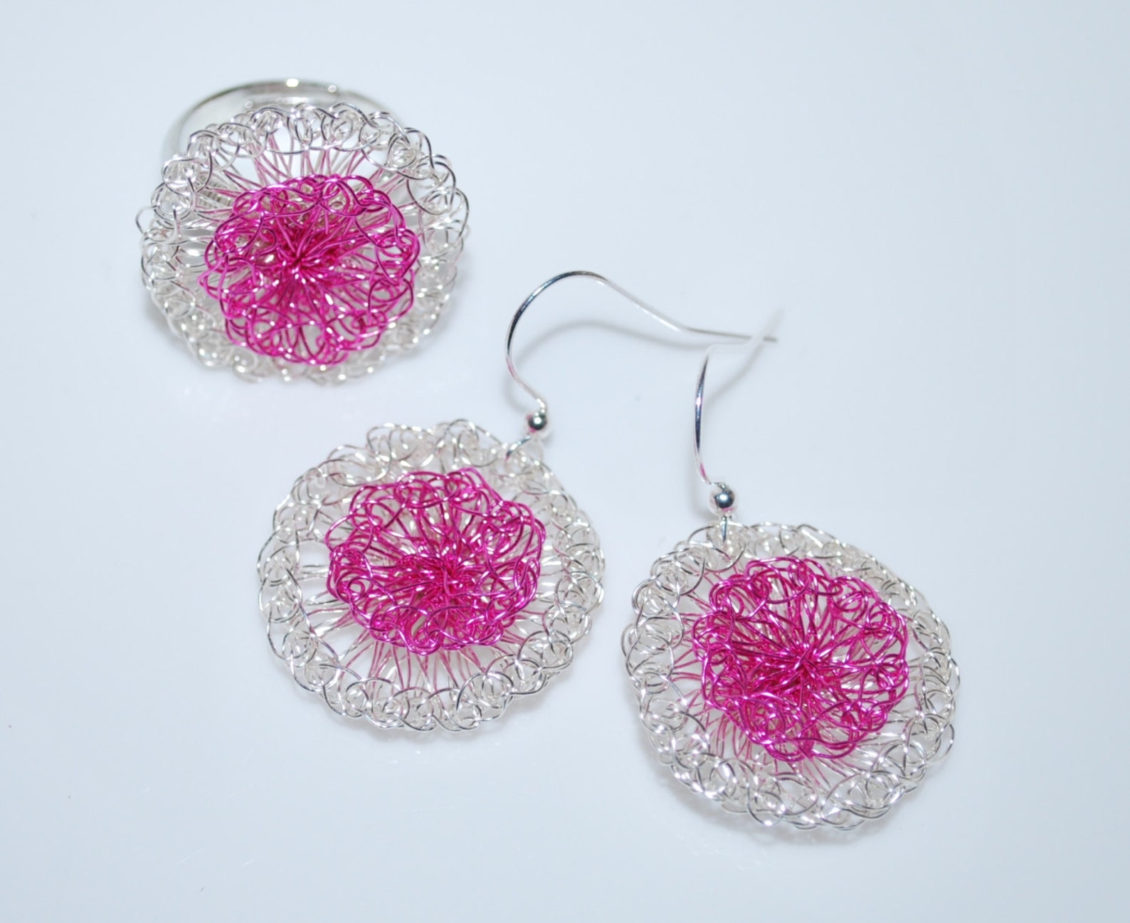 Hand Crochet Wire Ring & Earrings, Crochet Wire Flower Earrings ...
