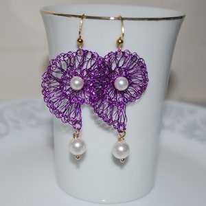 Crocheted Wire Shell Earrings, Amethyst Wire Crochet Earring, White ...