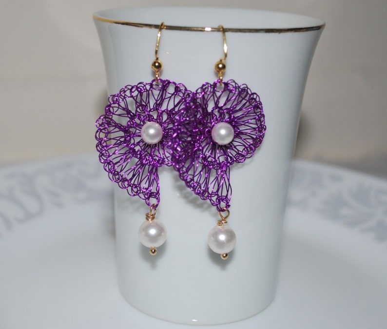 Crocheted Wire Shell Earrings, Amethyst Wire Crochet Earring, White ...