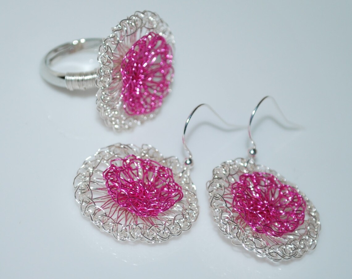 Hand Crochet Wire Ring & Earrings, Crochet Wire Flower Earrings ...