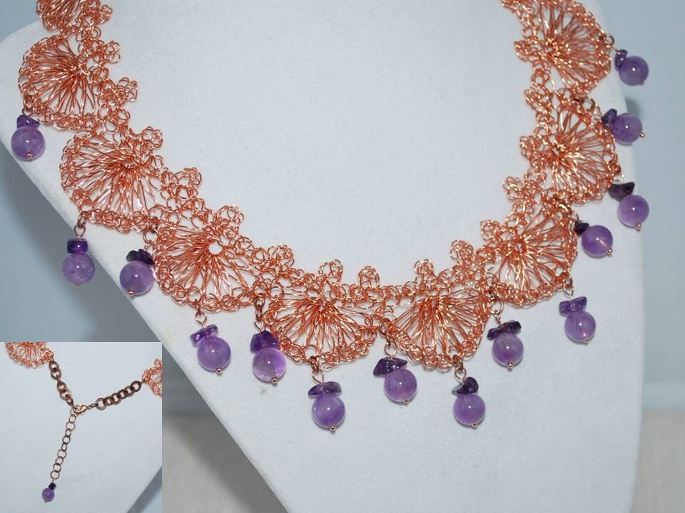 Crocheted Copper Wire Lace Necklace, Amethyst Beads, Handmade Jewelry ...