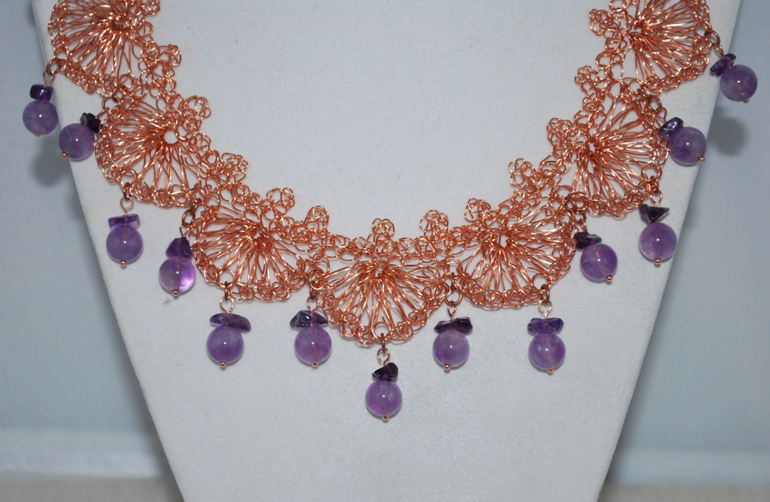 Crocheted Copper Wire Lace Necklace, Amethyst Beads, Handmade Jewelry ...
