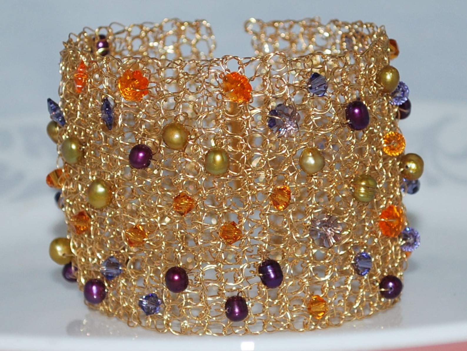 Crocheted Wire Beaded Cuff Bracelet, Crochet Wire Bracelet, Freshwater ...