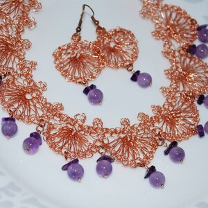 Crocheted Copper Wire Lace Necklace, Amethyst Beads, Handmade Jewelry ...