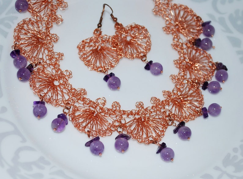 Crocheted Copper Wire Lace Necklace, Amethyst Beads, Handmade Jewelry ...
