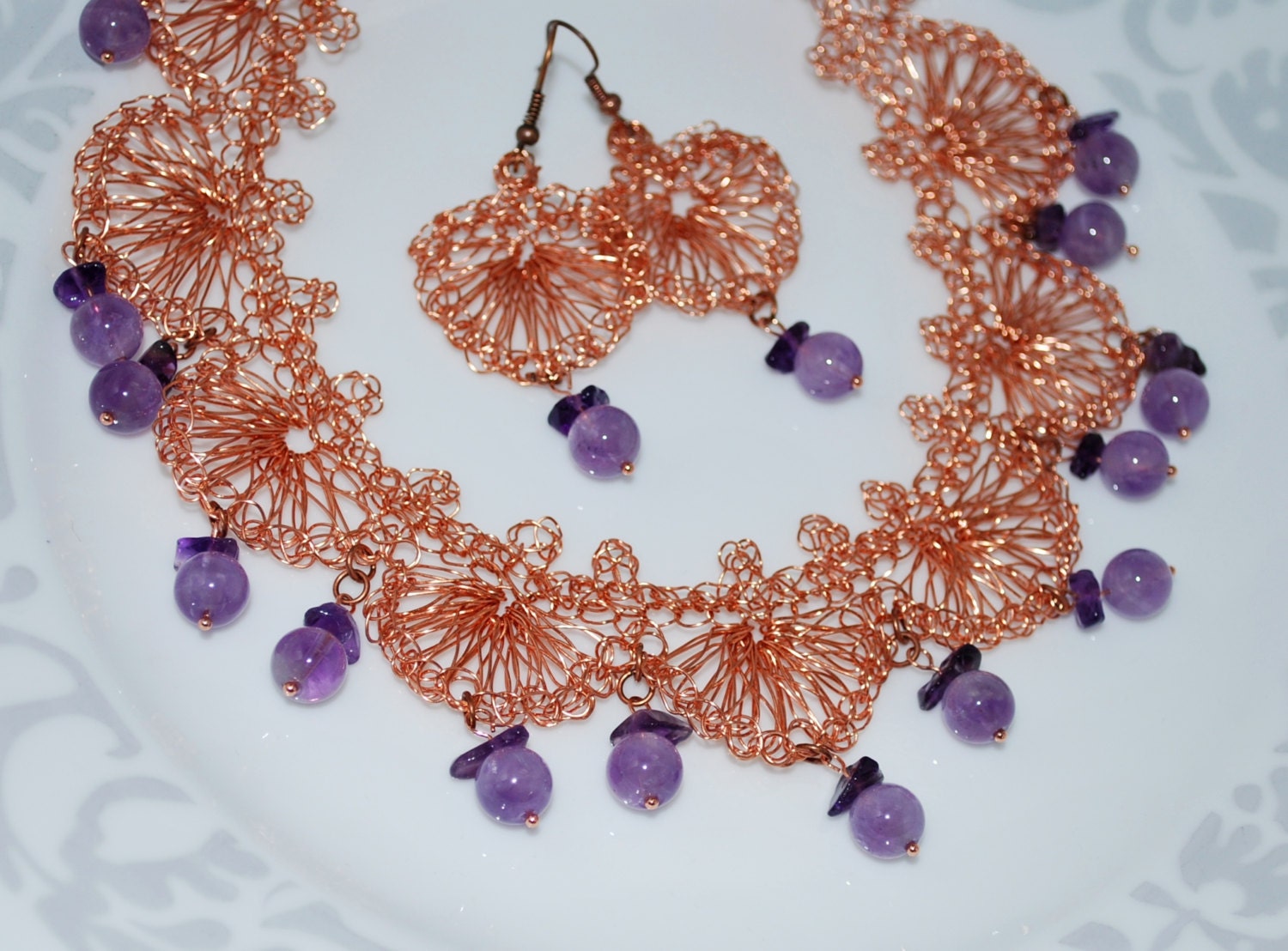 Crocheted Copper Wire Lace Necklace, Amethyst Beads, Handmade Jewelry ...
