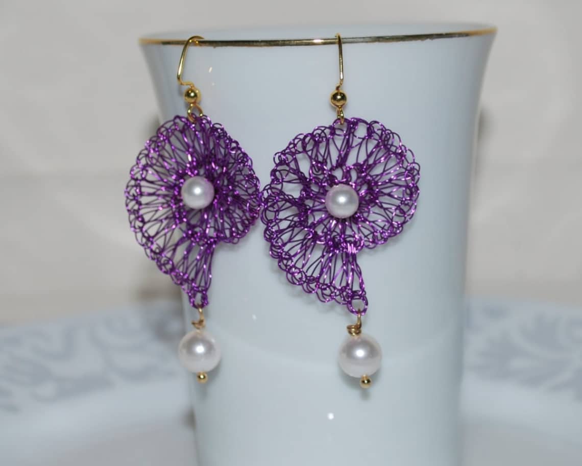 Crocheted Wire Shell Earrings Amethyst Wire Crochet Earring - Etsy
