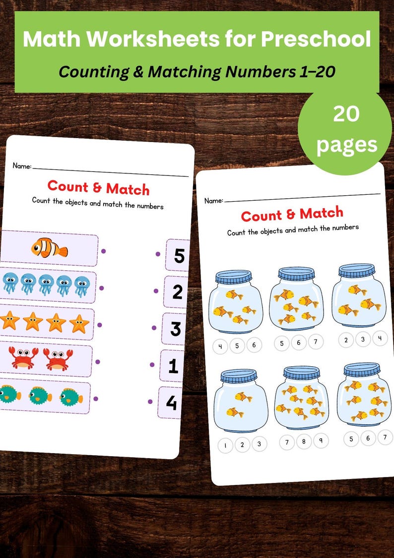 Counting & Matching Numbers 1–20 Worksheets | Printable Math for Kids ...