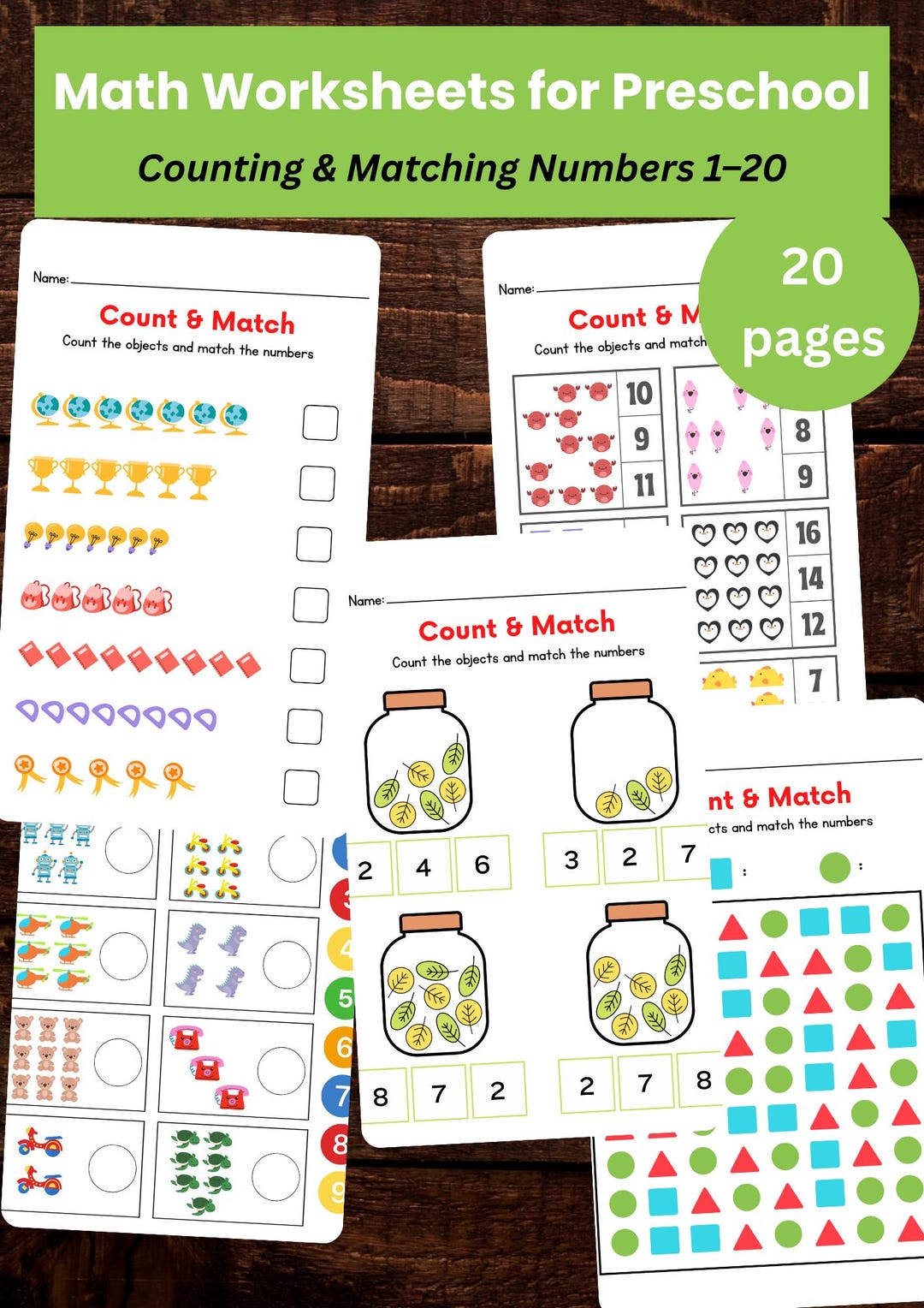 Counting & Matching Numbers 1–20 Worksheets | Printable Math for Kids ...