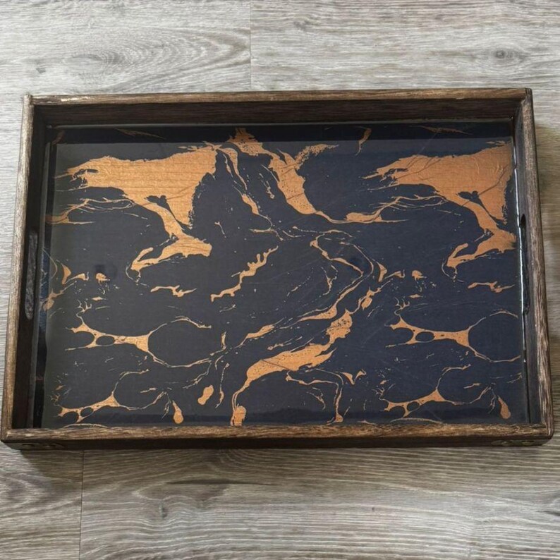 Shabby-chic Wooden Tray With Navy and Rose Gold Marble Decoupage Design ...