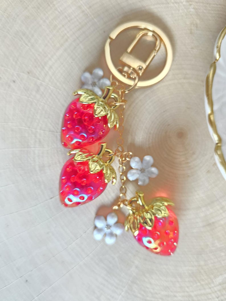 Attractive Strawberry Keychain With Flowers Pendants. Charm Bag ...