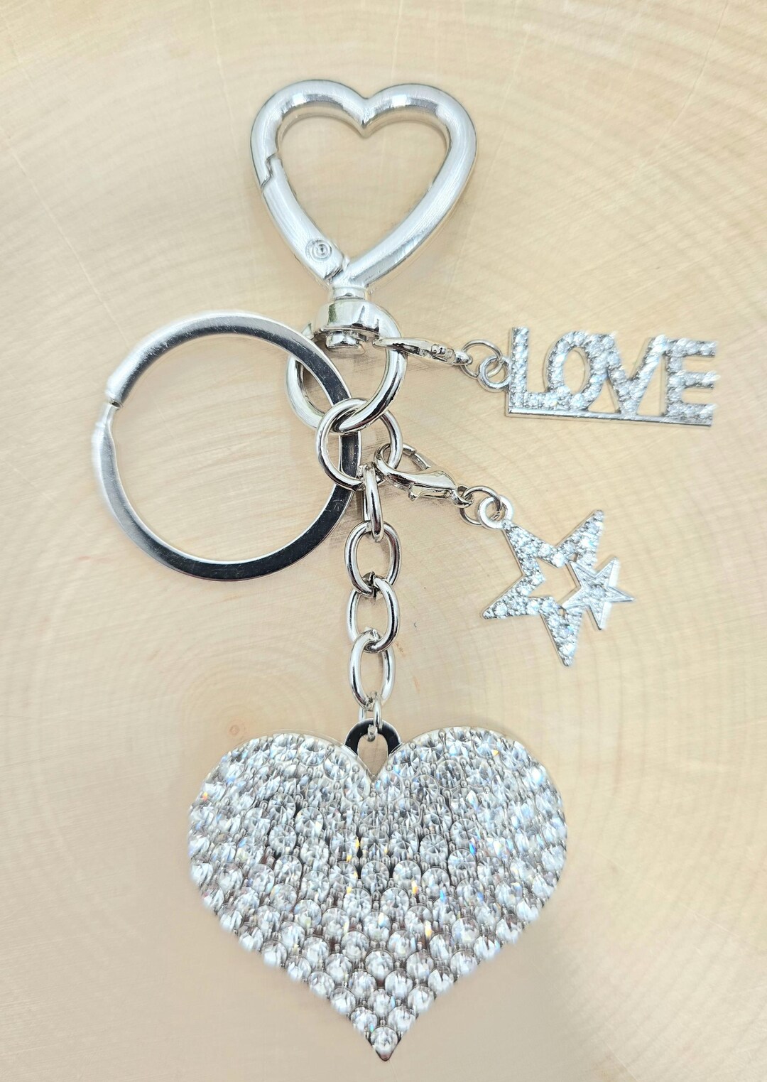 Rhinestone Heart Keychain. Bag Charm- Shiny Crystal Encrusted LOVE and ...