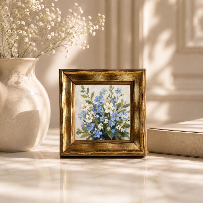 Blue Wildflower Oil Painting, Mini Floral Art, Cottage Wall Decor - Etsy