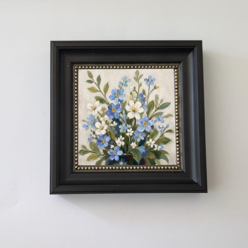 Blue Wildflower Oil Painting, Mini Floral Art, Cottage Wall Decor - Etsy