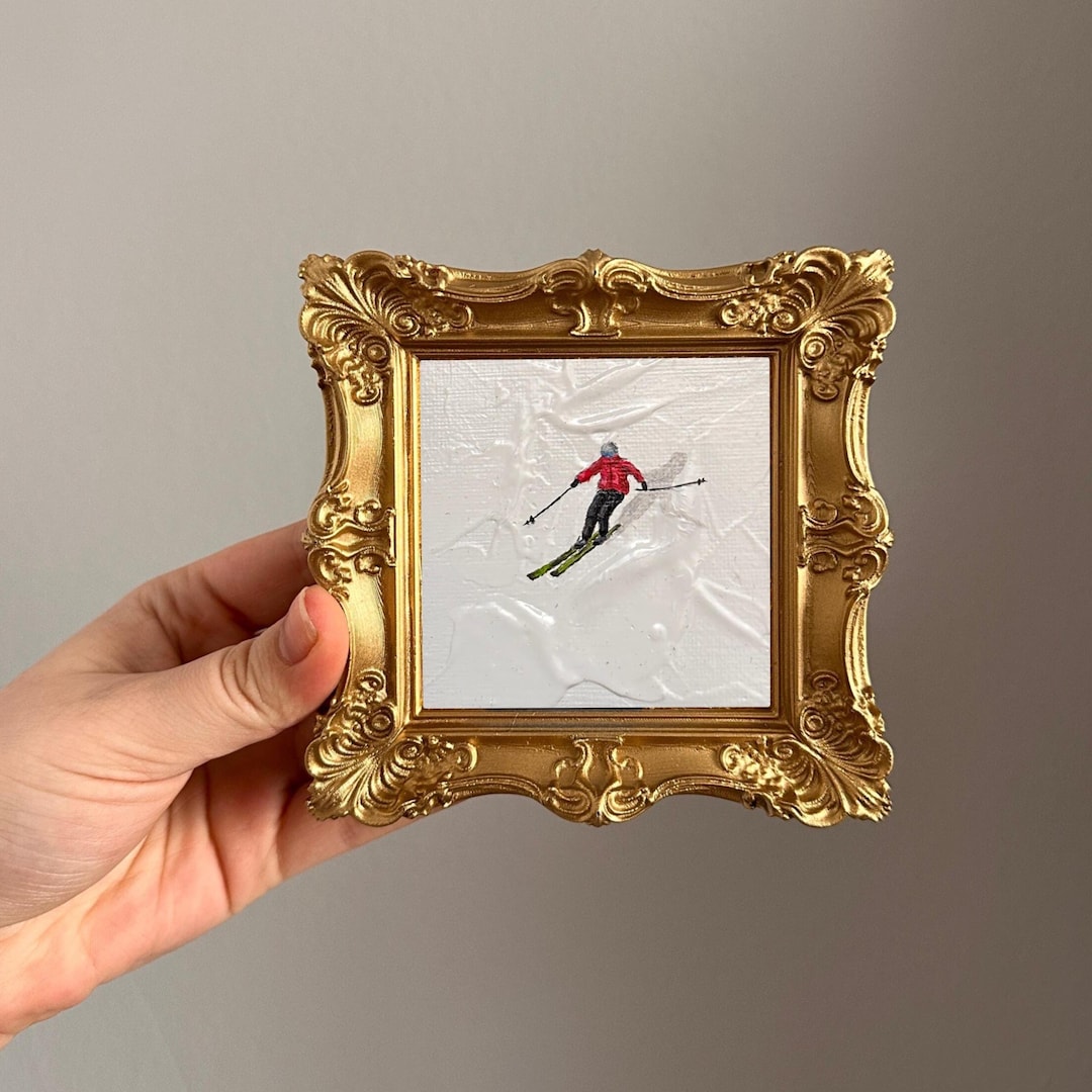 Miniature Skier Oil Painting, Gold Framed Ski Art, Alpine Decor, Tiny ...