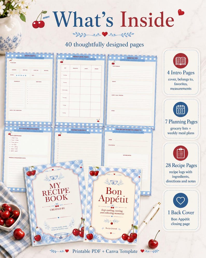 Diário de Receitas Blue Cherry, Planejamento de Refeições em PDF A4 ...