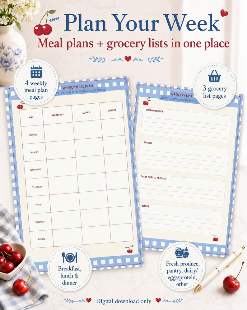 Diário de Receitas Blue Cherry, Planejamento de Refeições em PDF A4 ...