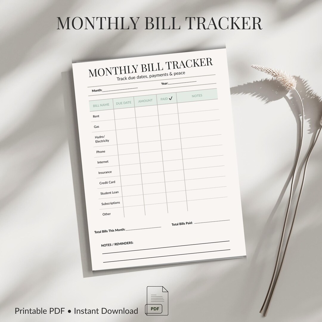 Monthly Bill Tracker Printable | Minimal Budget Planner (PDF Download ...