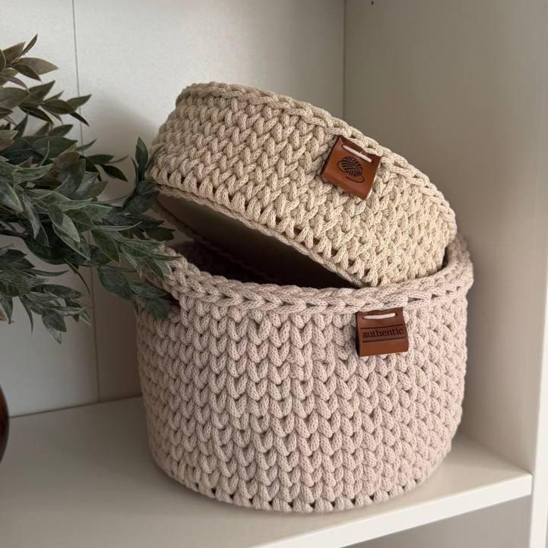 Crochet Basket Set, T-shirt Yarn Bins With Wooden Bottom, Beige Nursery ...
