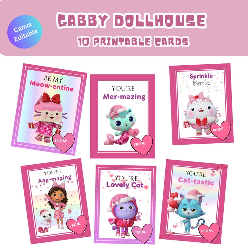 Dollhouse Inspired Printable Cards Bundle,canva Editable Gabby's ...