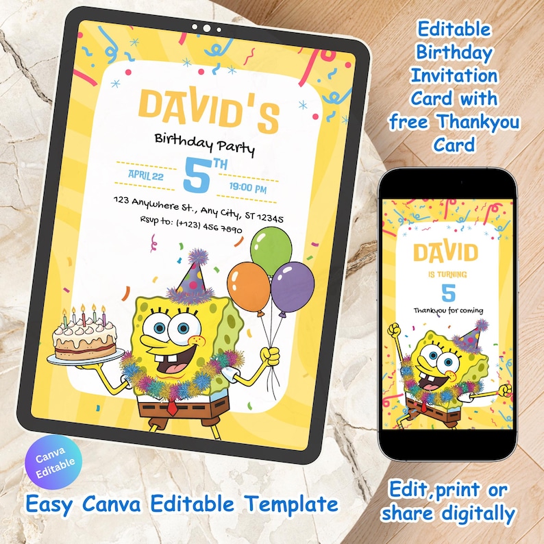 Yellow Cartoon Character Birthday Invitation Template,canva Editable ...