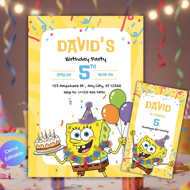 Yellow Cartoon Character Birthday Invitation Template,canva Editable ...