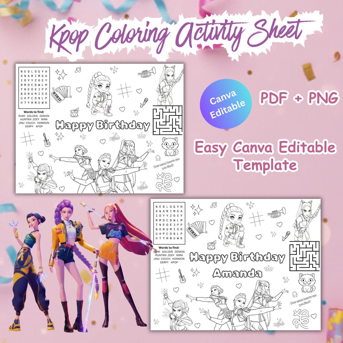 Editable Demon Hunters K Pop Coloring Page Birthday Activity ...