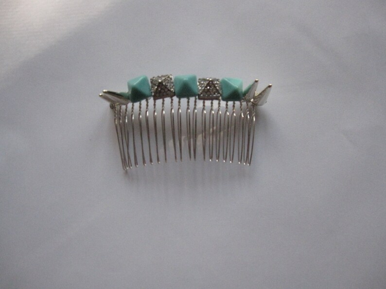 Turquoise Blue Silver Crystal Pyramid Spike Metal Comb, for Weddings ...