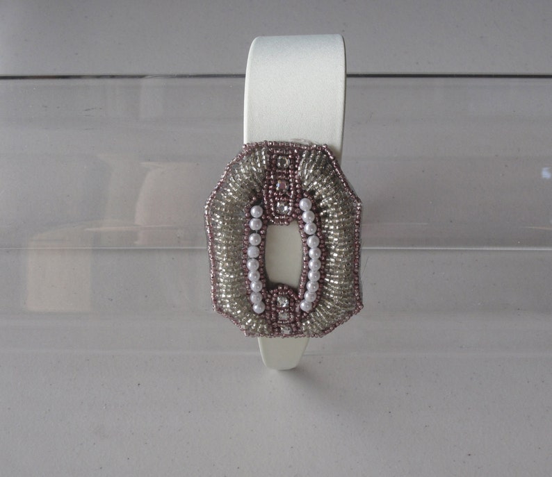 Pink and Gray Beaded Pearl Crystal Buckle Applique Ivory Satin Headband ...