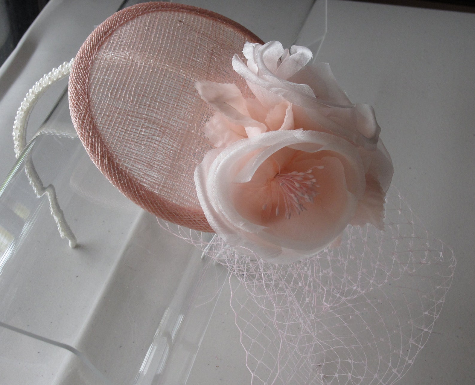 Pale Pink Silk Flower Fascinator Hat With Veil and Pearl | Etsy
