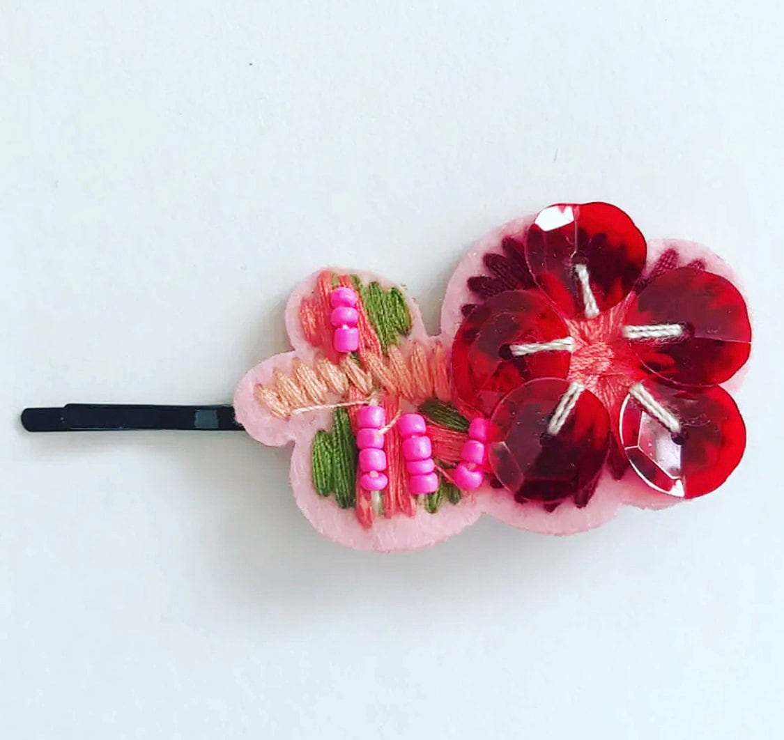 Red Sequin Beaded Flower Bobby Pin, for Parties, Fun, Special Occasions ...
