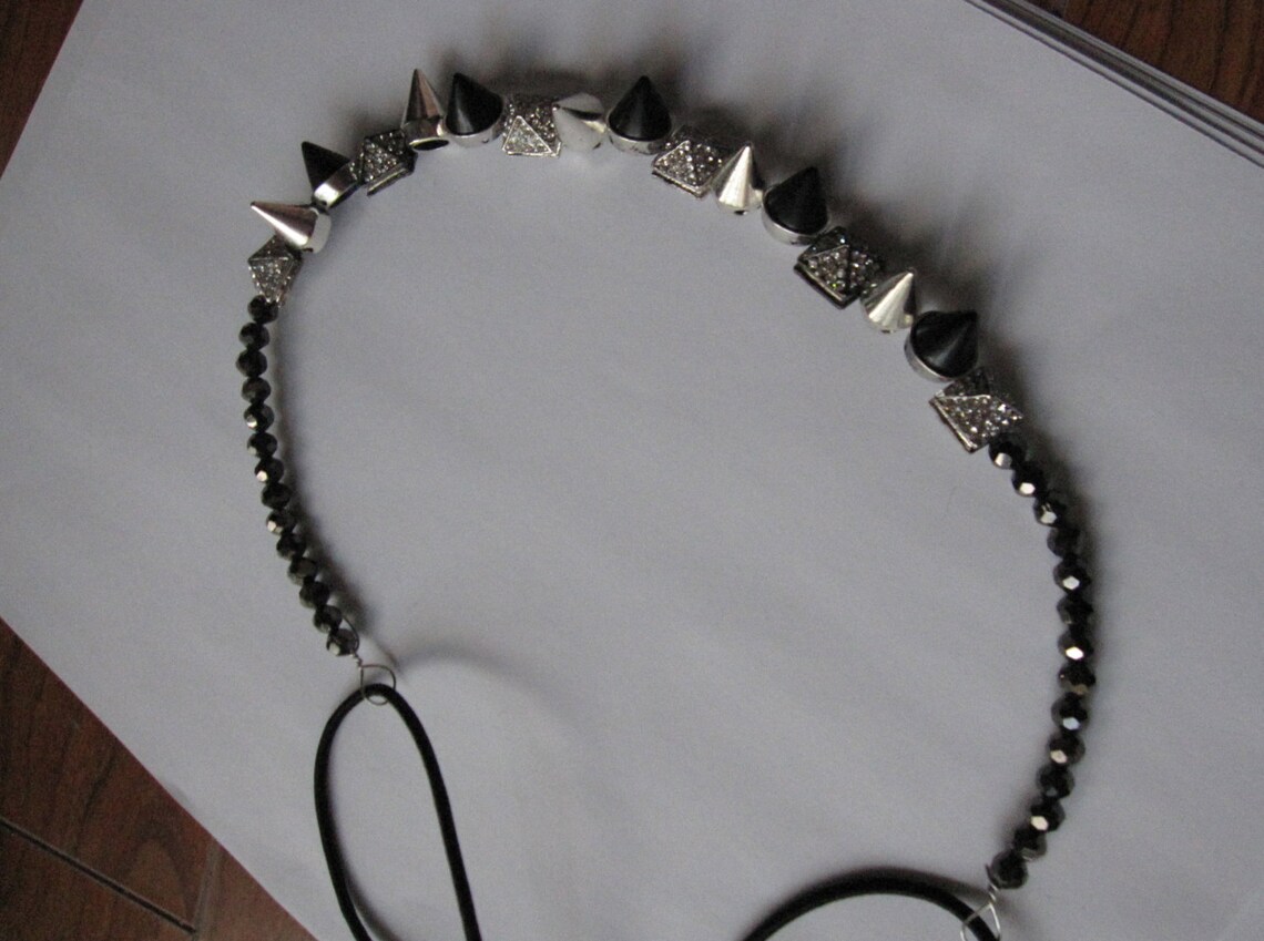 Black Spike Silver Crystal Metal Pyramid Beaded Elastic Headband, for ...